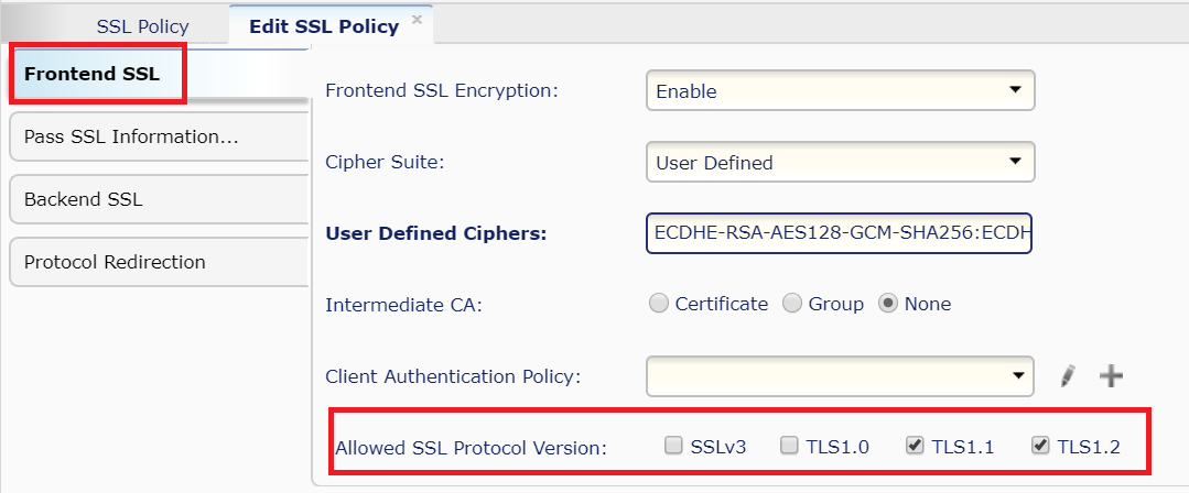 Alteon Selection of Supported SSL/TLS Protocol Version