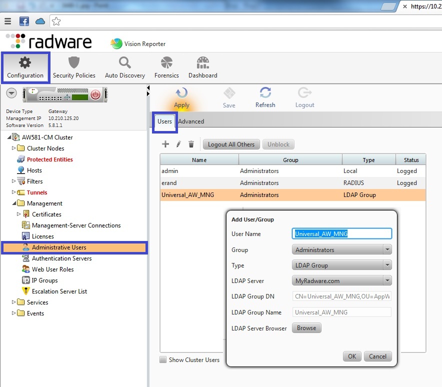 How to a define LDAP User\ LDAP Group\ RADIUS user as an AppWall ...